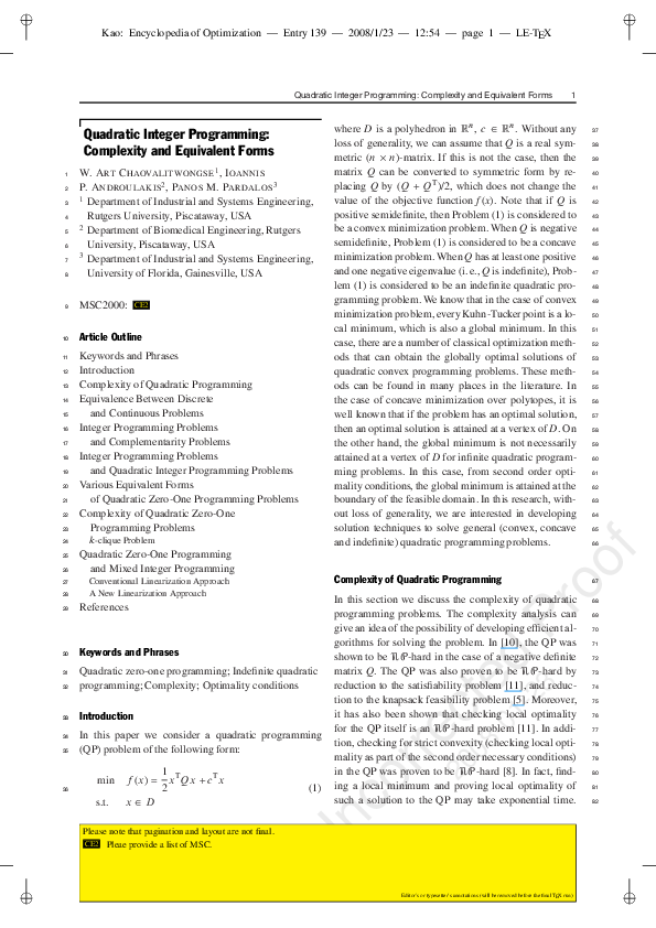Pdf Quadratic Integer Programming Complexity And Equivalent Forms Ioannis Yannis P