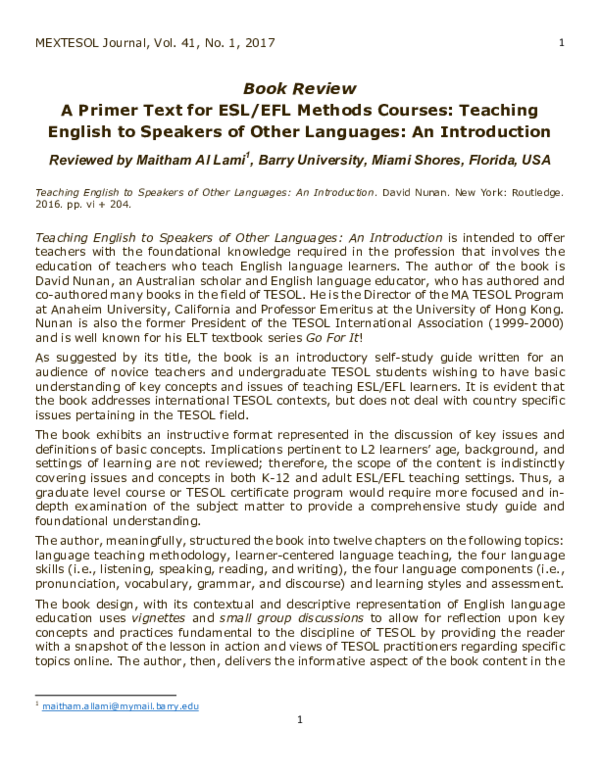 (PDF) Book Review A Primer Text for ESL/EFL Methods Courses: Teaching ...