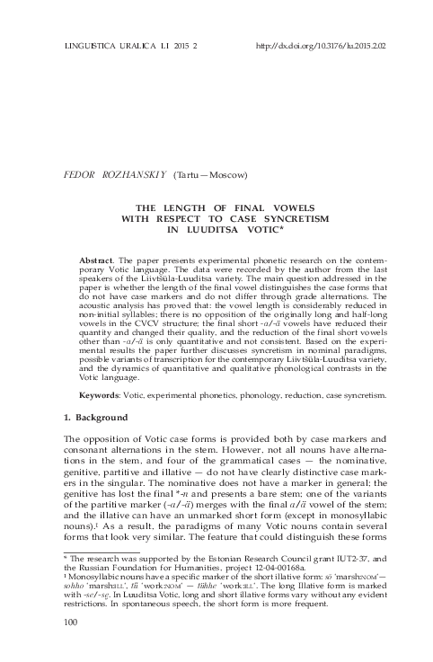 (PDF) Fedor Rozhanskiy. The length of final vowels with respect to case ...