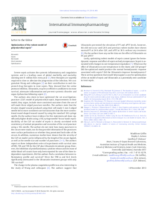 (PDF) Optimization of the rodent model of polymicrobial sepsis