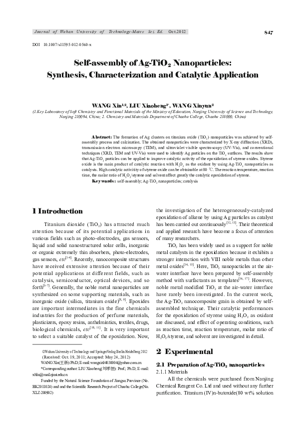 Pdf Self Assembly Of Ag Tio2 Nanoparticles Synthesis Characterization And Catalytic Application