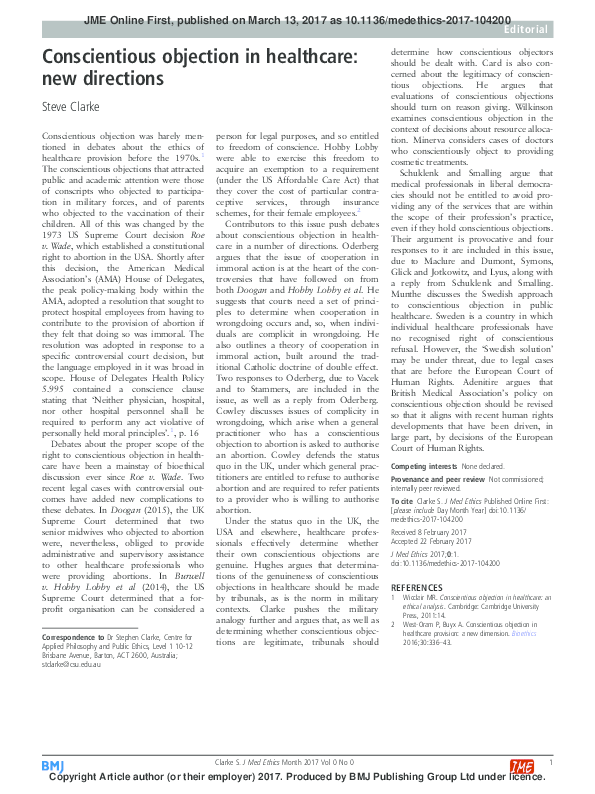 (PDF) Conscientious objection in healthcare: new directions