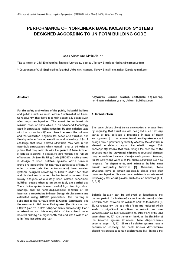 (DOC) PERFORMANCE OF NON-LINEAR BASE ISOLATION SYSTEMS DESIGNED ACCORDING TO UNIFORM BUILDING CODE