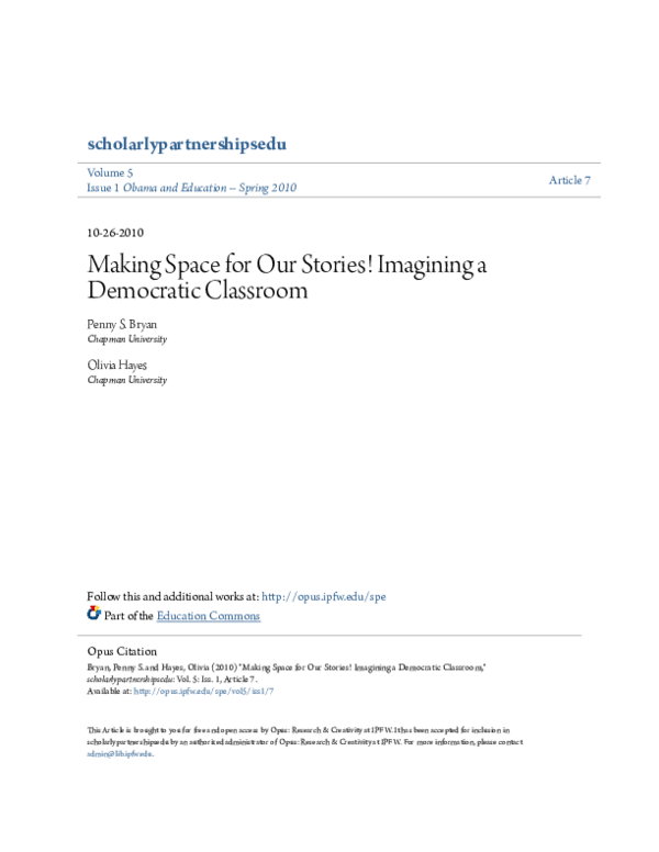 (PDF) Making Space for Our Stories! Imagining a Democratic Classroom