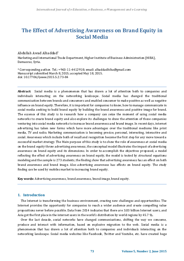(PDF) The Effect of Advertising Awareness on Brand Equity in Social Media
