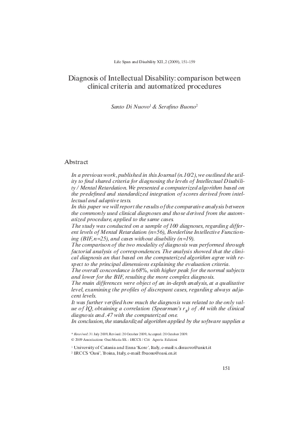 (PDF) Diagnosis of Intellectual Disability: comparison between clinical ...