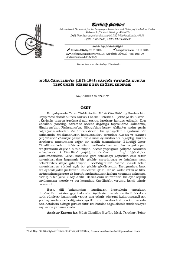 (PDF) MÛSÂ CÂRULLÂH'IN (1875-1948) YAPTIĞI TATARCA KUR'ÂN TERCÜMESİ ...