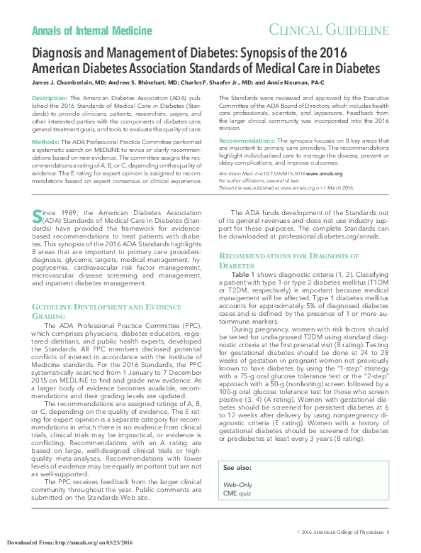 (PDF) Diagnosis and Management of Diabetes: Synopsis of the 2016 ...