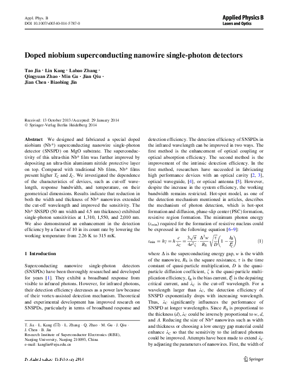 (PDF) Doped niobium superconducting nanowire single-photon detectors