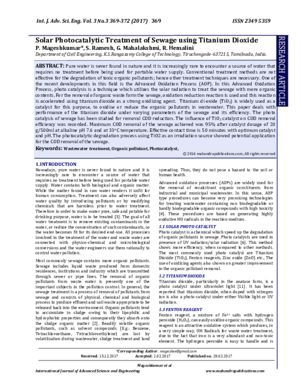 (PDF) Solar Photocatalytic Treatment of Sewage using Titanium Dioxide
