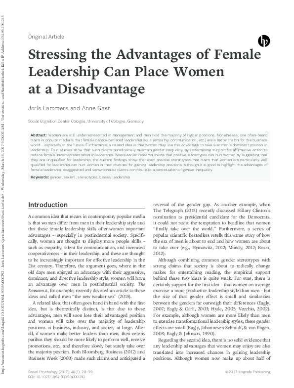 (PDF) Stressing the Advantages of Female Leadership Can Place Women at ...