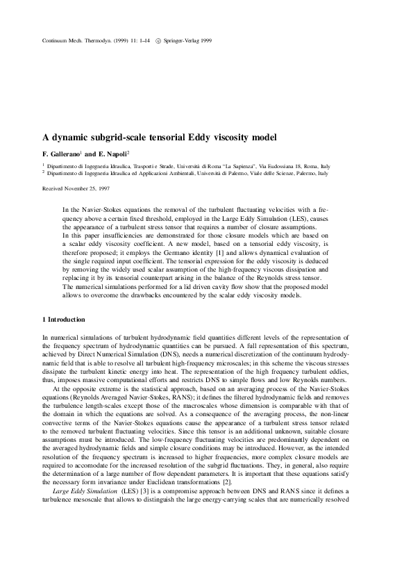 (PDF) A dynamic subgrid-scale tensorial Eddy viscosity model | Francesco Gallerano - Academia.edu