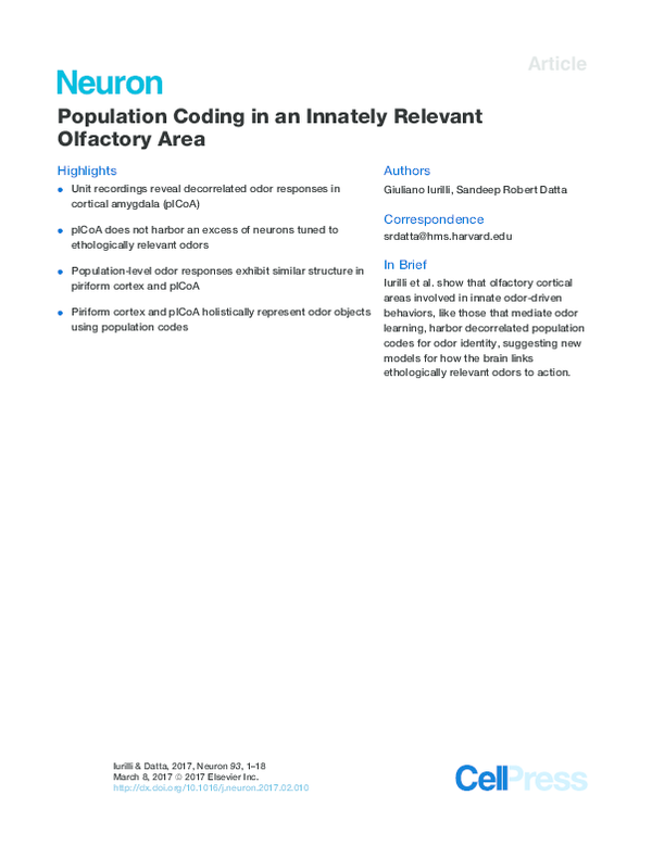 Pdf Population Coding In An Innately Relevant Olfactory Area