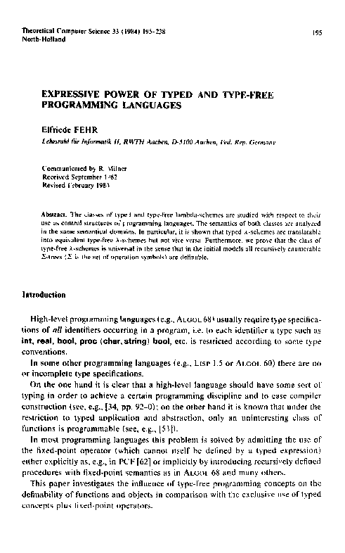 (PDF) Expressive power of typed and type-free programming languages