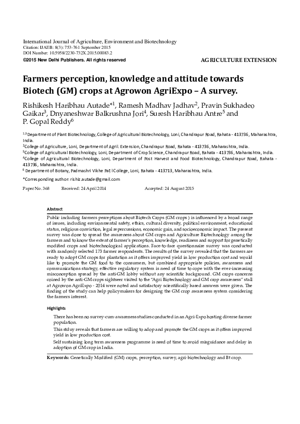 (PDF) Farmers perception, knowledge and attitude towards Biotech (GM ...