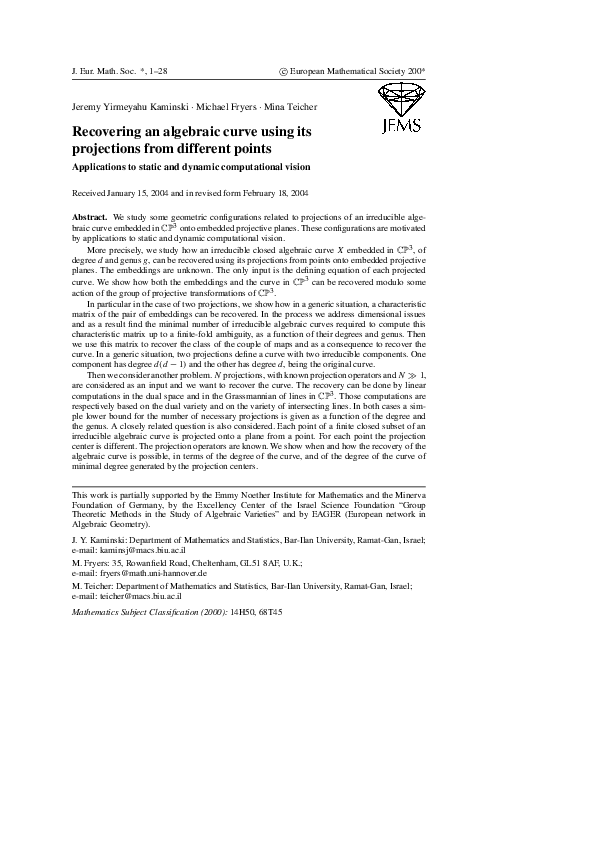 (PDF) Recovering an algebraic curve using its projections from different points. Applications to ...