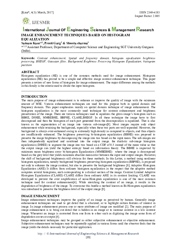 (PDF) IMAGE ENHANCEMENT TECHNIQUES BASED ON HISTOGRAM EQUALIZATION