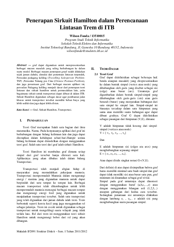 (PDF) Penerapan Sirkuit Hamilton dalam Perencanaan Lintasan Trem di ITB