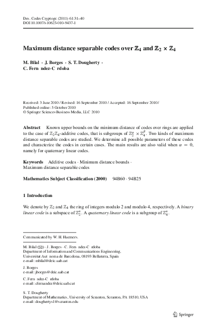 (PDF) Maximum distance separable codes over $${\mathbb{Z}_4}$$ and $${\mathbb{Z}_2 \times ...