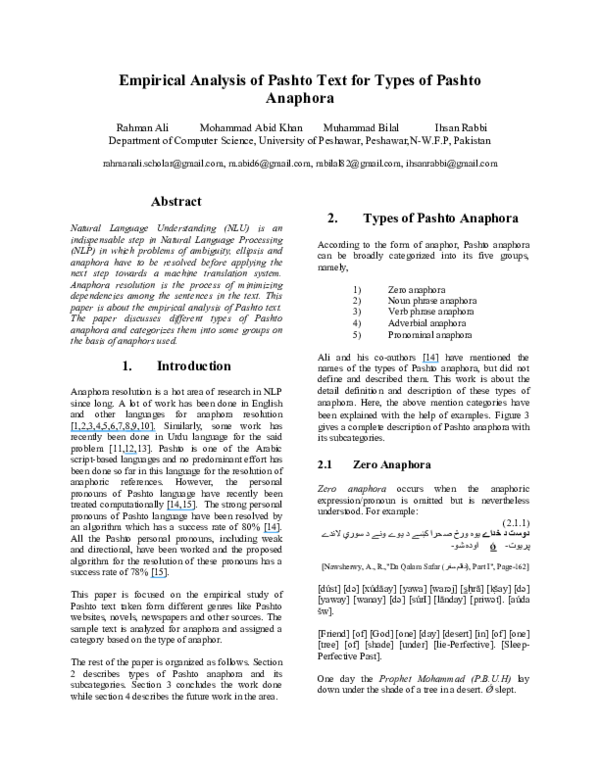 (PDF) Empirical Analysis of Pashto Text for Types of Pashto Anaphora