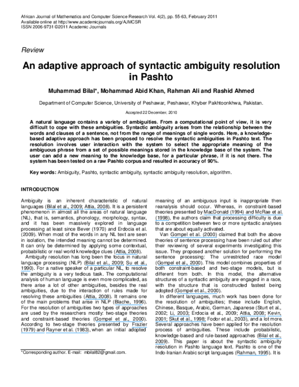 (PDF) An adaptive approach of syntactic ambiguity resolution in Pashto