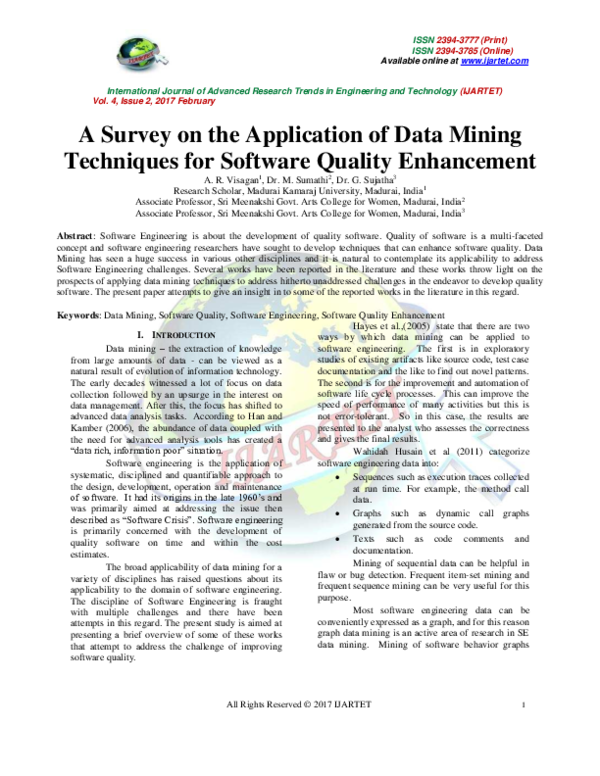 Pdf A Survey On The Application Of Data Mining Techniques For Software Quality Enhancement