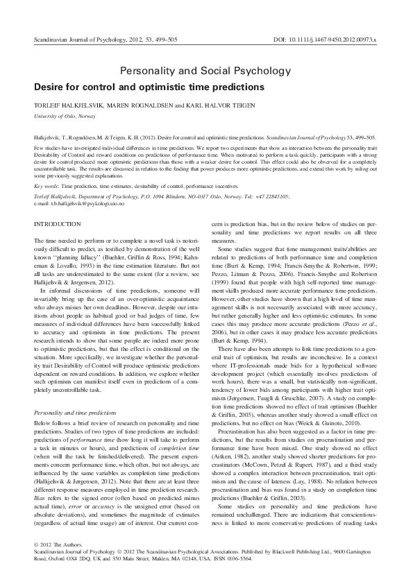 (PDF) Desire for control and optimistic time predictions