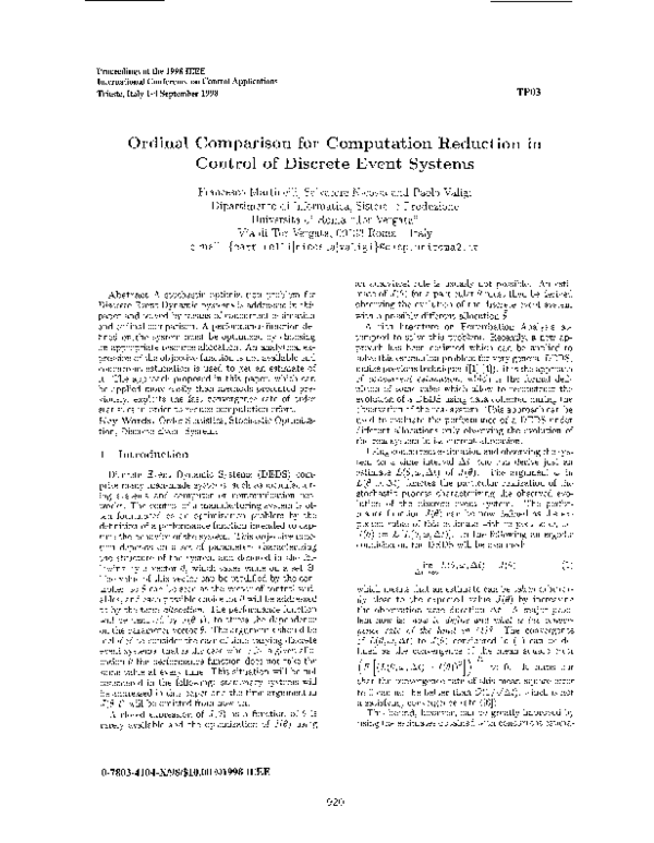 Pdf Ordinal Comparison For Computation Reduction In Control Of Discrete Event Systems
