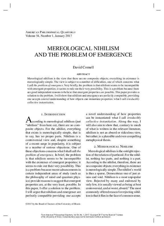 (PDF) Mereological Nihilism and the Problem of Emergence