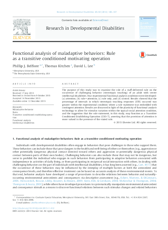 (PDF) Functional analysis of maladaptive behaviors: Rule as a ...