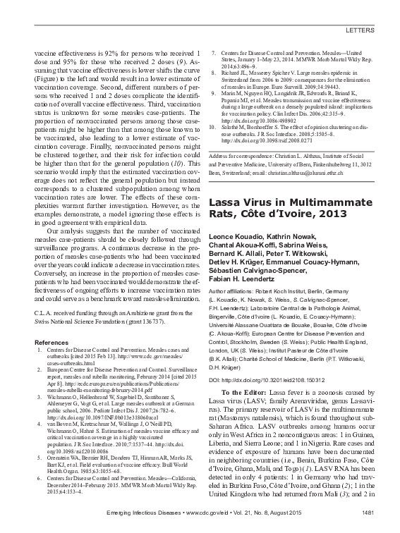 (PDF) Lassa Virus in Multimammate Rats, Côte d'Ivoire, 2013.