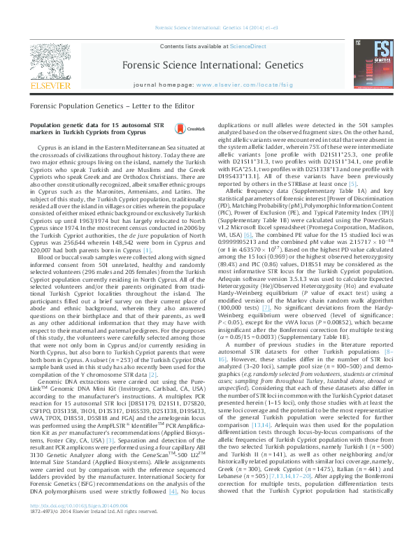 (PDF) Population genetic data for 15 autosomal STR markers in Turkish ...