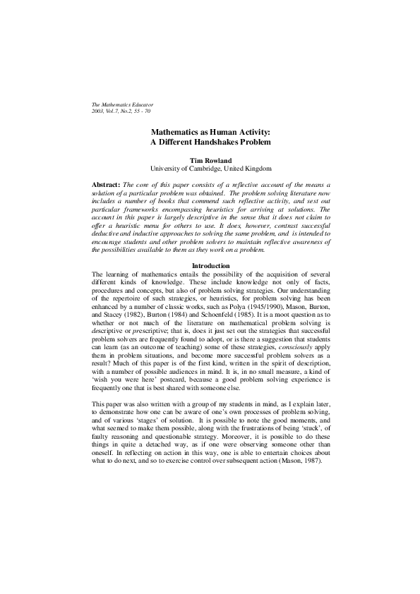 (PDF) Mathematics as Human Activity: A Different Handshakes Problem