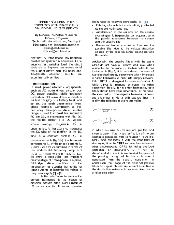 Pdf Three Phase Rectifier Topology With Practically Sinusoidal Input
