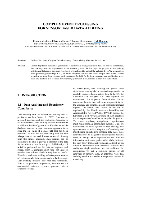 (PDF) Complex Event Processing for Sensor Based Data Auditing