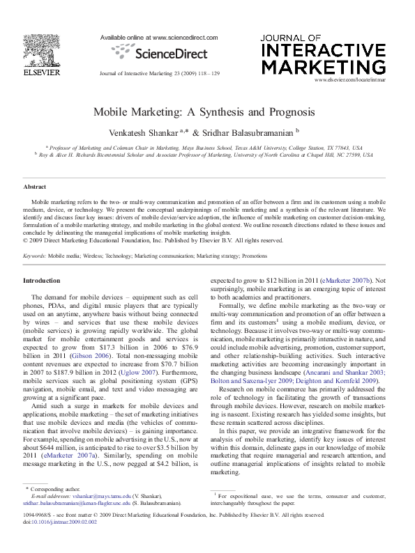 (PDF) Mobile Marketing: A Synthesis and Prognosis