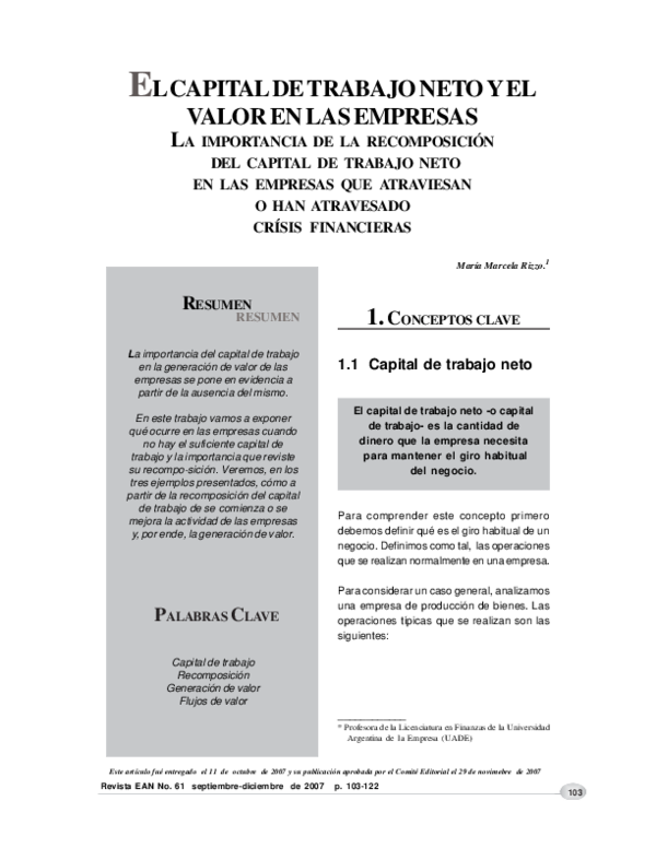 (PDF) EL CAPITAL DE TRABAJO NETO Y EL VALOR EN LAS EMPRESAS LA IMPORTANCIA DE LA RECOMPOSICIÓN ...