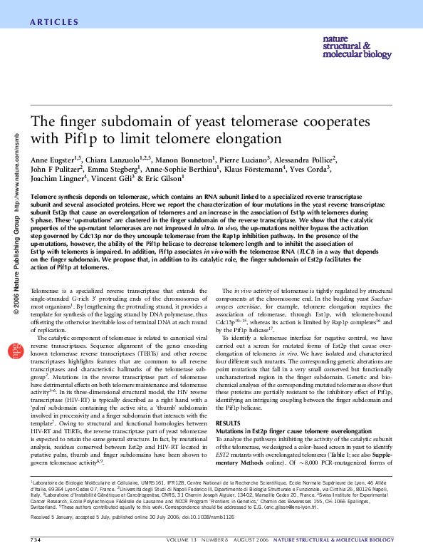 (PDF) The finger subdomain of yeast telomerase cooperates with Pif1p to ...