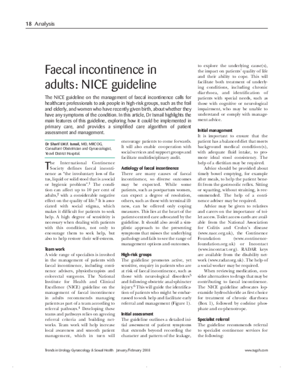 (PDF) Faecal incontinence in adults: NICE guideline | Sharif Ismail ...