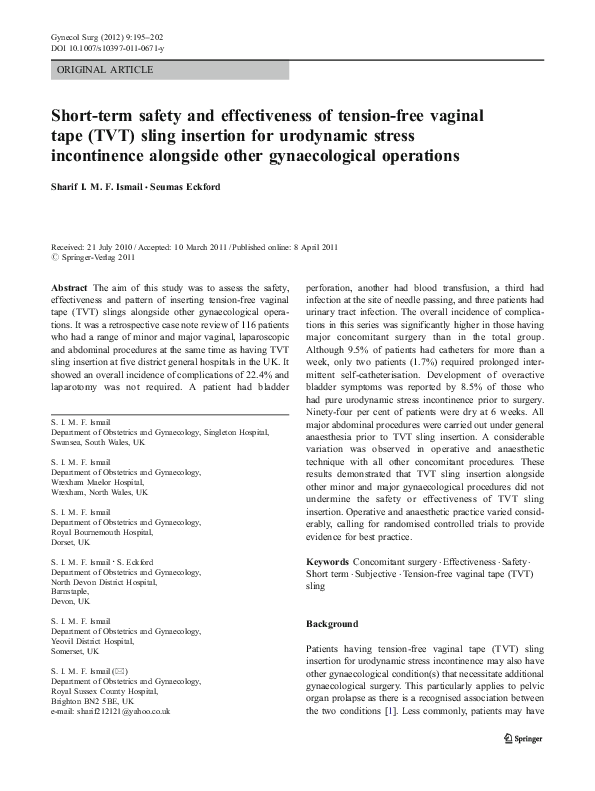 (PDF) Short-term safety and effectiveness of tension-free vaginal tape ...