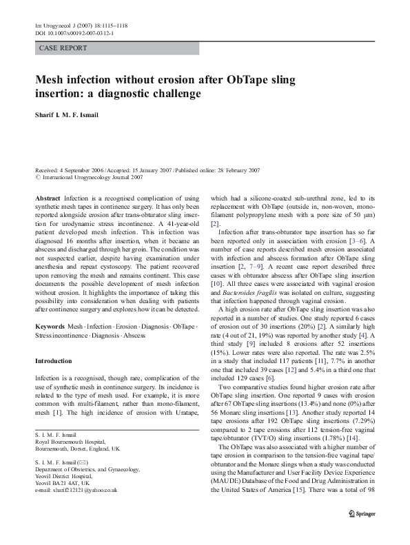 (PDF) Mesh Infection Without Erosion: A Case Report