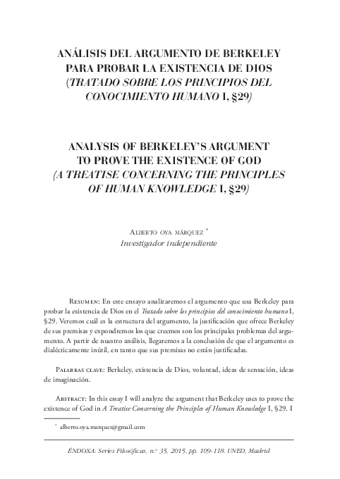 Análisis del argumento de Berkeley para probar la existencia de Dios ...