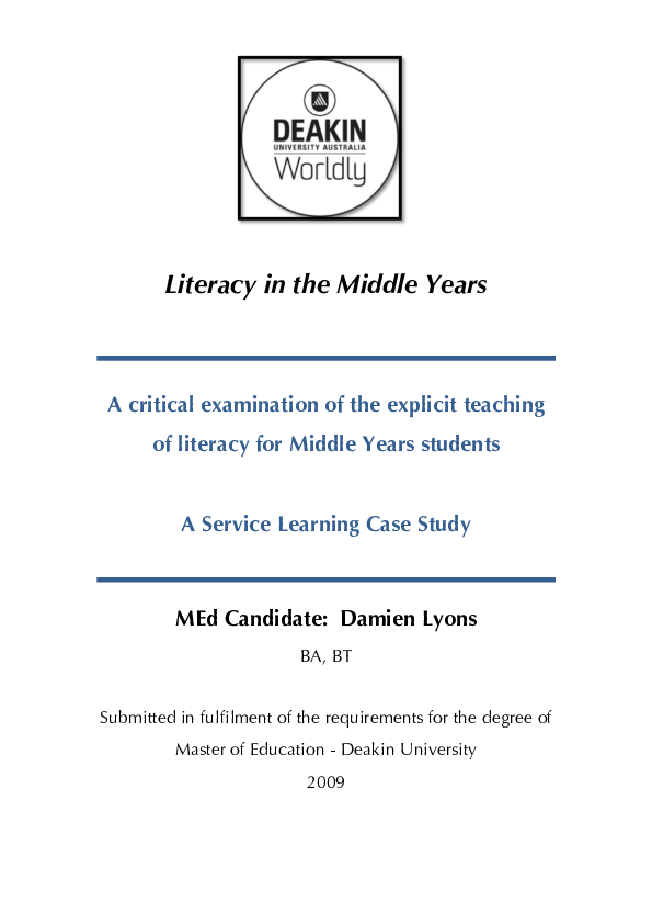 (PDF) Literacy in the Middle Years: A Service Learning Case Study | Dr ...