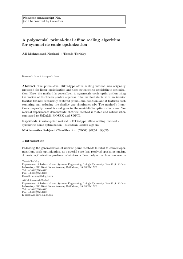 Pdf Primal Dual Affine Scaling For Conic Optimization