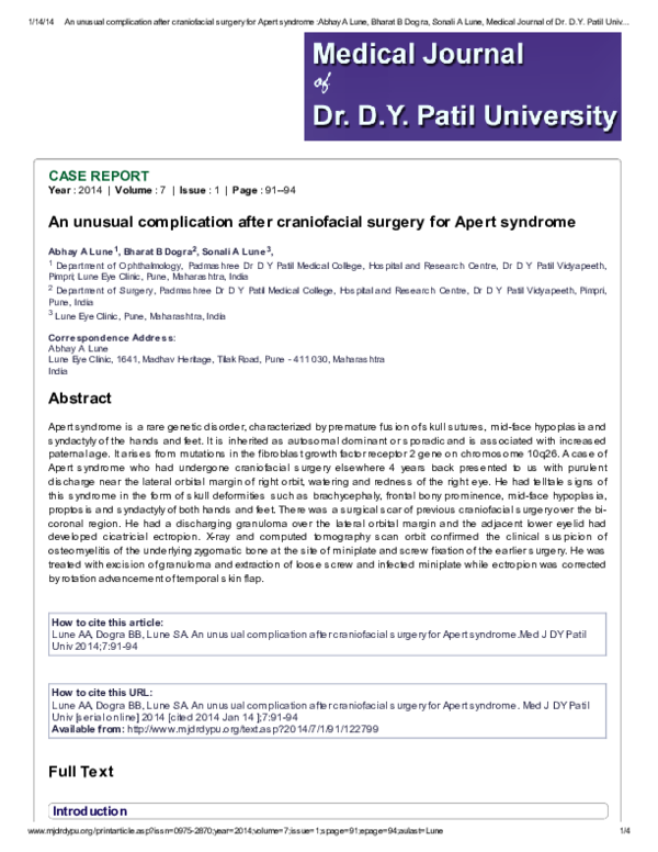 (PDF) Apert’s Syndrome: rare variant of a common anomaly (Craniosynostosis) | Soodhana Dhanya ...