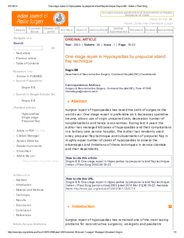 (PDF) One stage repair in Hypospadias by prepucial island flap technique