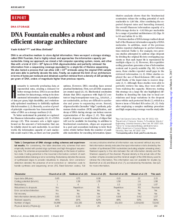 (PDF) DNA Fountain enables a robust and efficient storage architecture