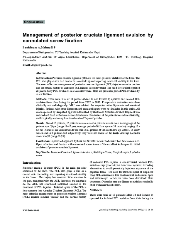(PDF) Surgical fixation of posterior cruciate ligament avulsion ...