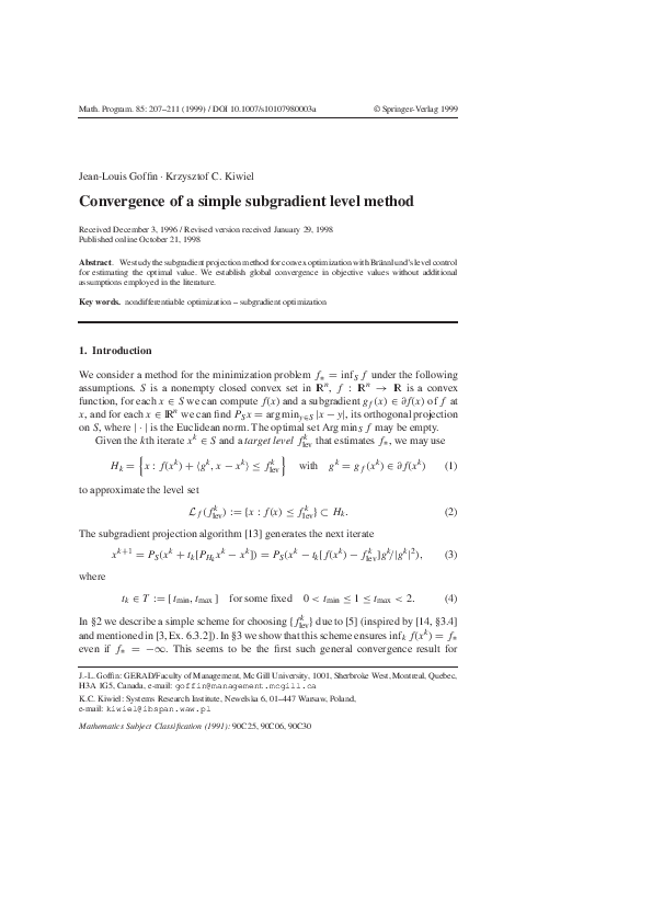 Pdf Convergence Of A Simple Subgradient Level Method