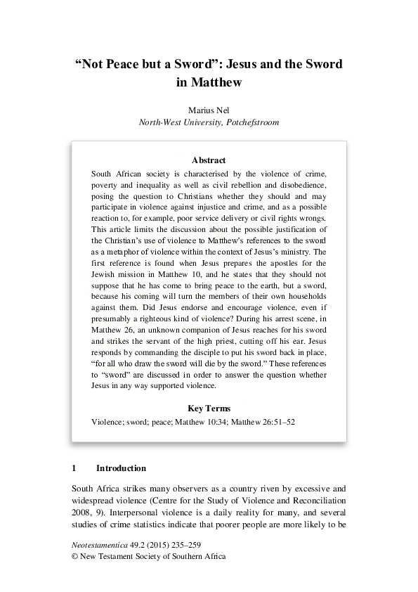 (PDF) " Not Peace but a Sword " : Jesus and the Sword in Matthew